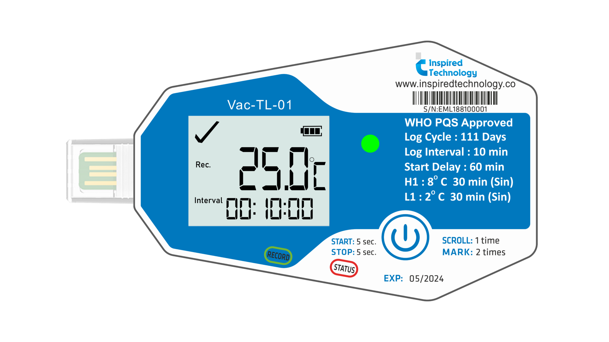 Single use Temperature data logger Vac-TL-01 - Inspired Technology